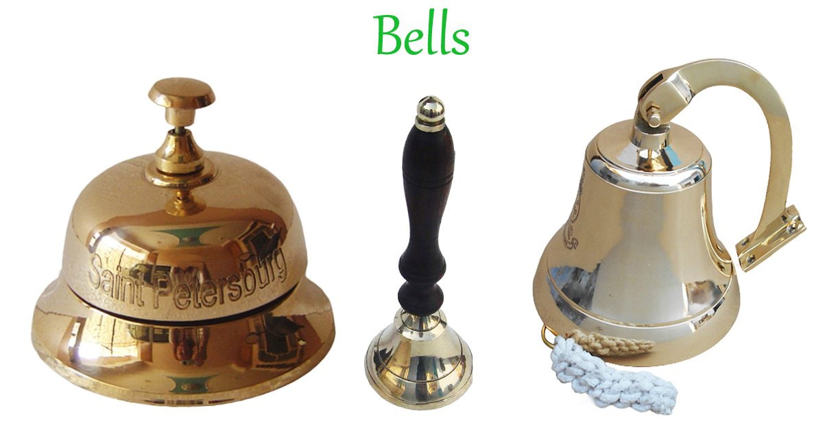 Hand Bell Wood Brass Handle, Ship Boat Nautical Bells